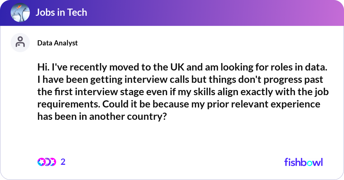 Hi. I've recently moved to the UK and am looking f... | Fishbowl