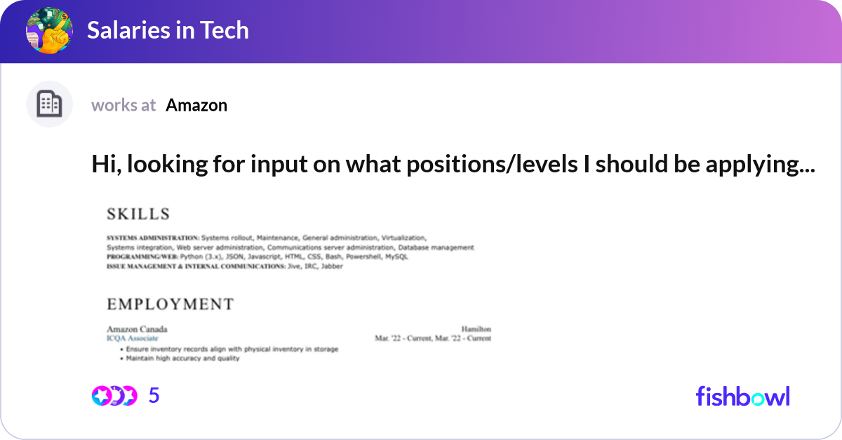 Hi, looking for input on what positions/levels I s... | Fishbowl