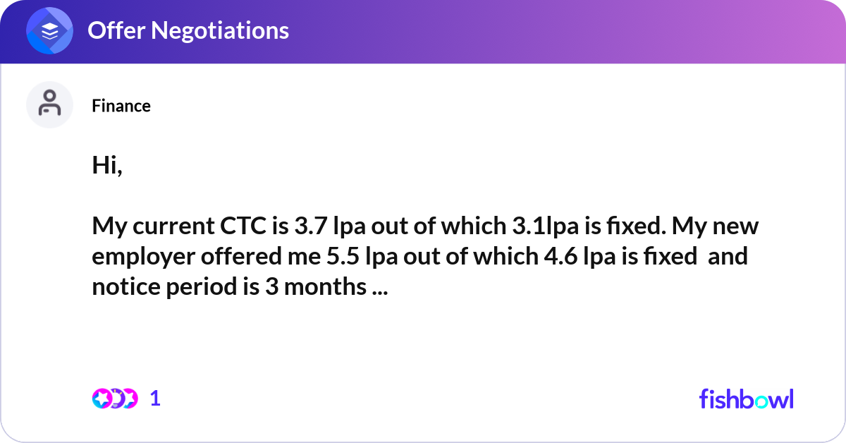 Hi, My current CTC is 3.7 lpa out of which 3.1lpa... | Fishbowl