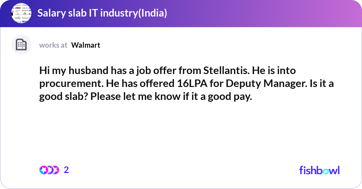 Hi my husband has a job offer from Stellantis. He ... | Fishbowl