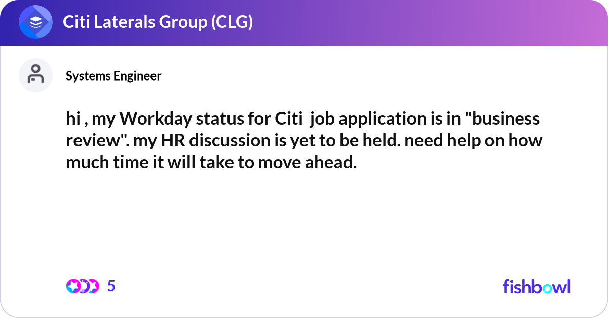 hi , my Workday status for ﻿Citi﻿ job application... | Fishbowl