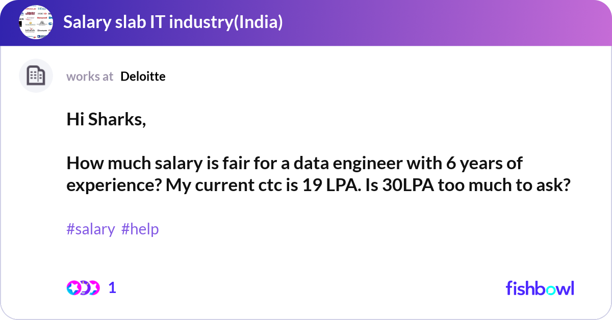 Hi Sharks, How much salary is fair for a data eng... | Fishbowl