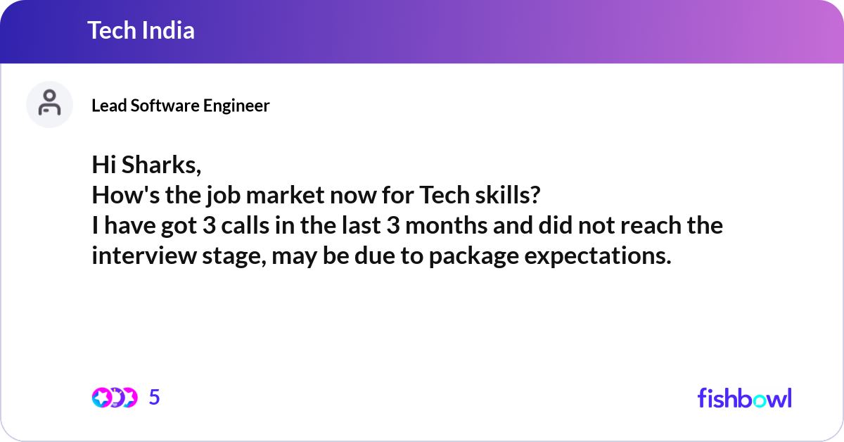 Hi Sharks, How's the job market now for Tech skill... | Fishbowl
