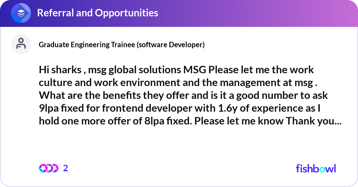 Hi sharks , msg global solutions MSG Please let me... | Fishbowl