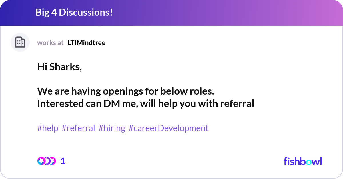 Hi Sharks, We are having openings for below roles... | Fishbowl