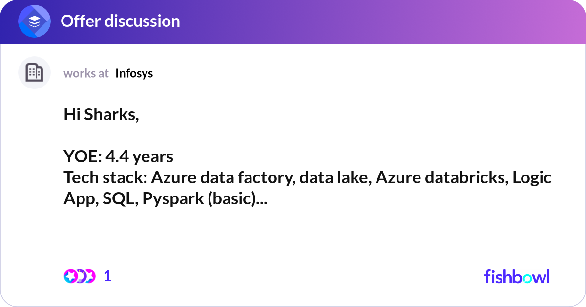 Hi Sharks, YOE: 4.4 years Tech stack: Azure data... | Fishbowl
