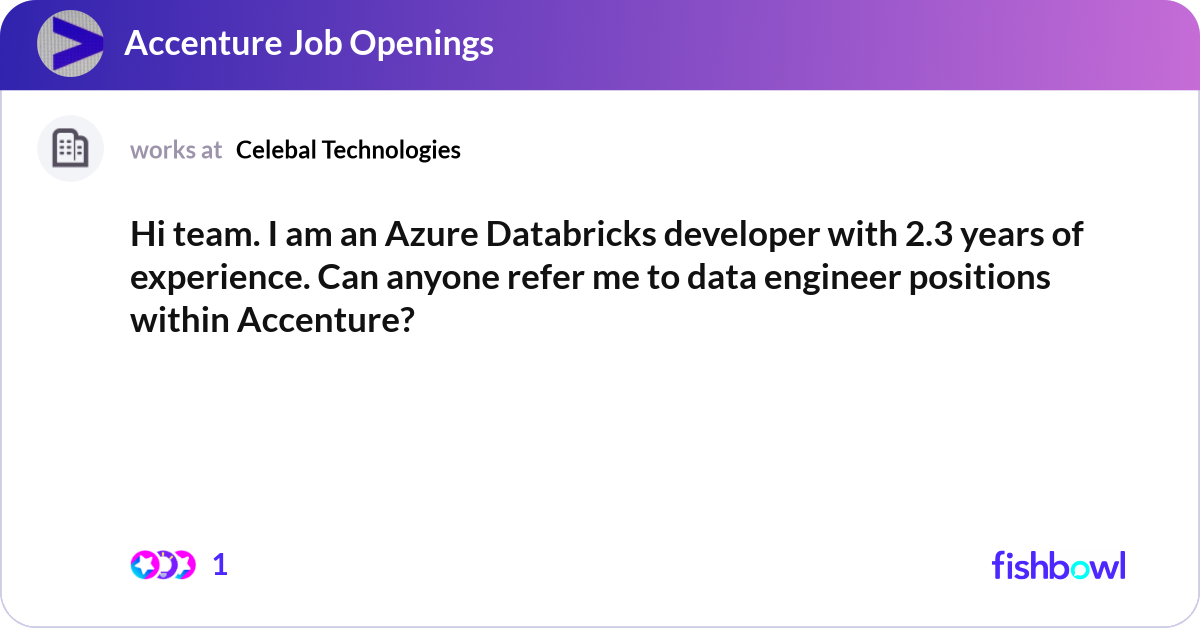 Hi team. I am an Azure Databricks developer with 2... | Fishbowl
