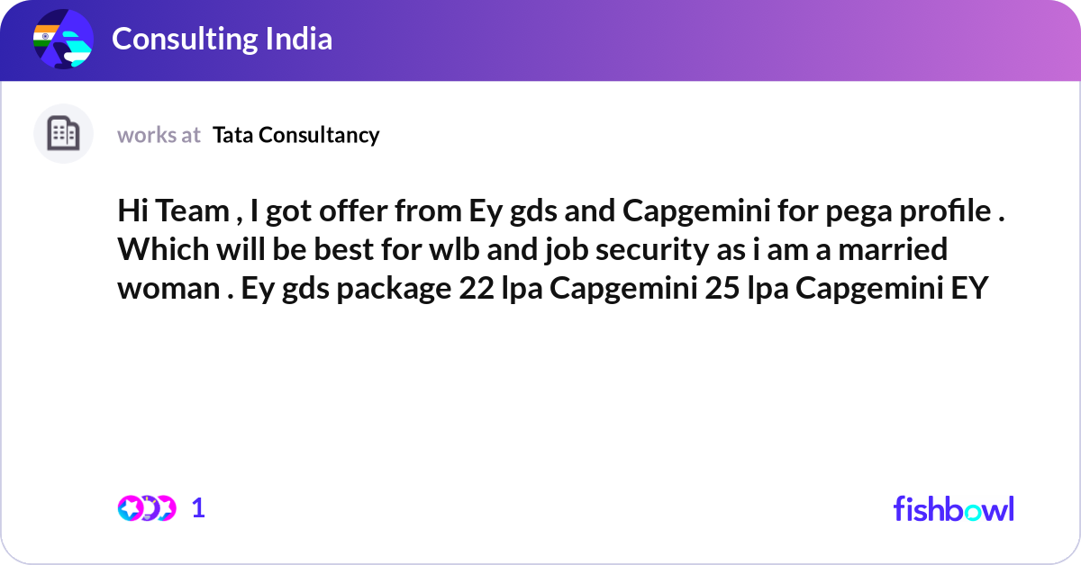 Hi Team , I got offer from Ey gds and Capgemini fo... | Fishbowl