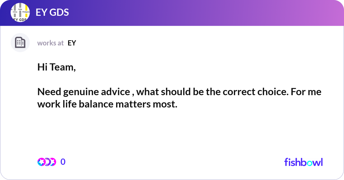 Hi Team, Need genuine advice , what should be the... | Fishbowl