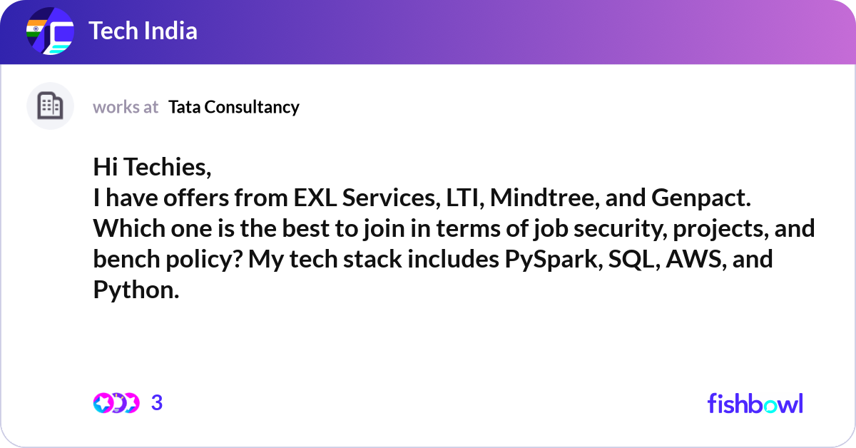 Hi Techies, I have offers from EXL Services, LTI,... | Fishbowl