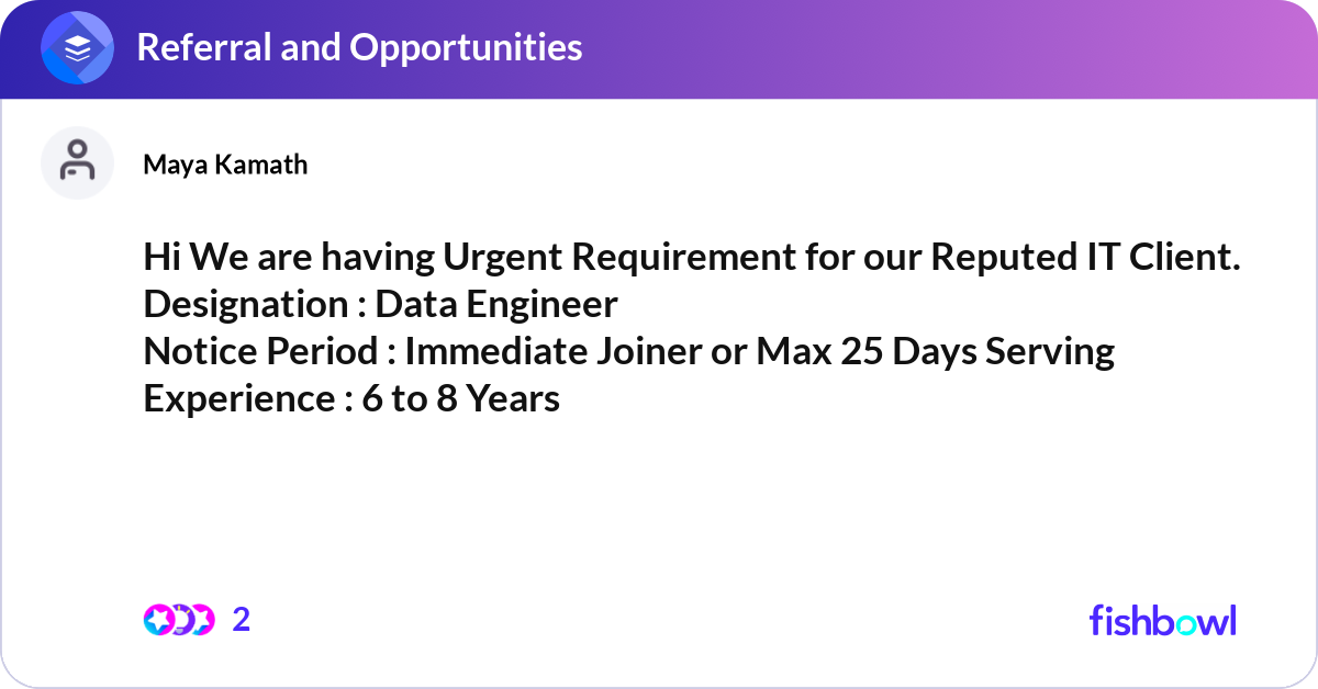 Hi We are having Urgent Requirement for our Repute... | Fishbowl