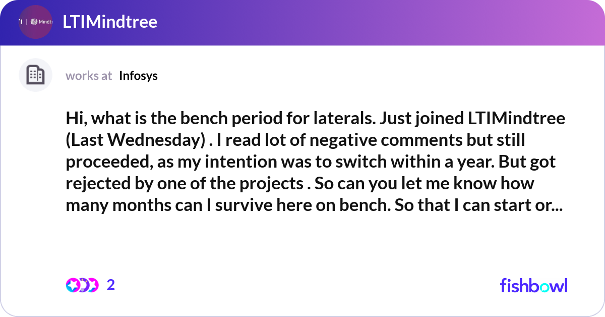 Hi, what is the bench period for laterals. Just jo... | Fishbowl