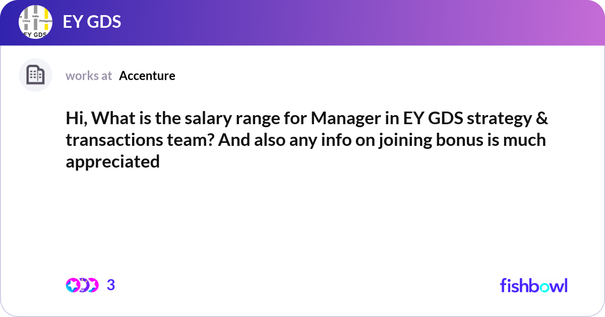 Hi, What is the salary range for Manager in EY GDS... | Fishbowl