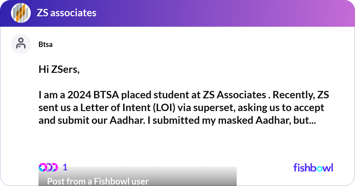 Hi ZSers, I am a 2024 BTSA placed student at ZS A... | Fishbowl