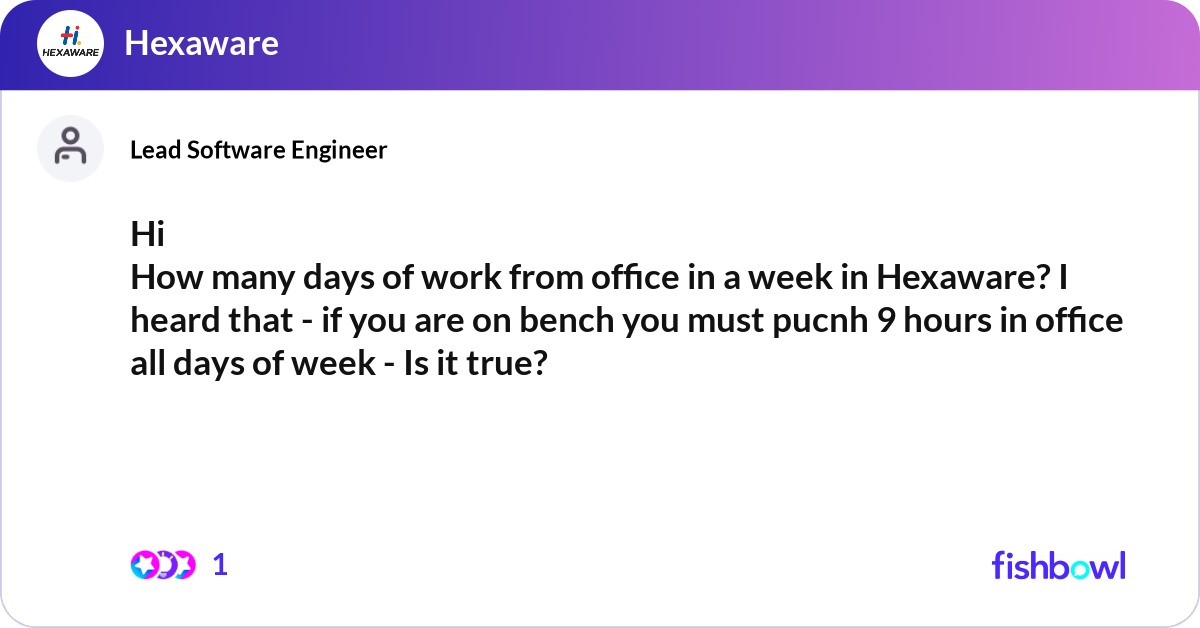 Hi How many days of work from office in a week in ... | Fishbowl