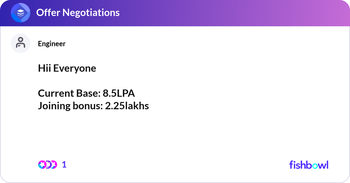 Hii Everyone Current Base: 8.5LPA Joining bonus:... | Fishbowl