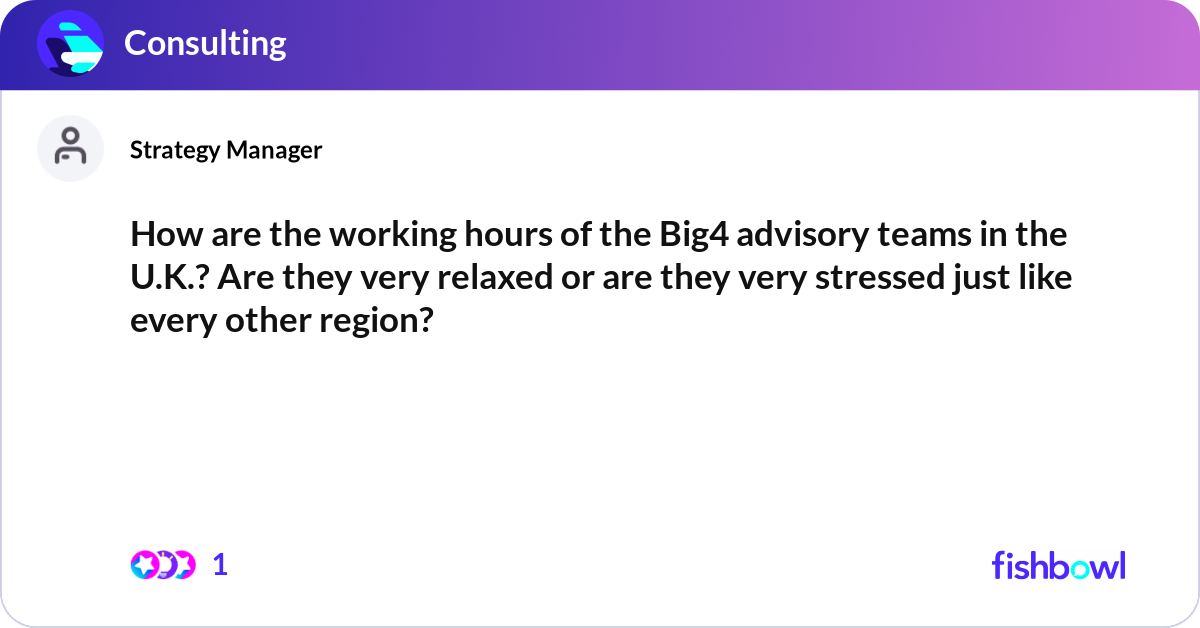 How are the working hours of the Big4 advisory tea... | Fishbowl