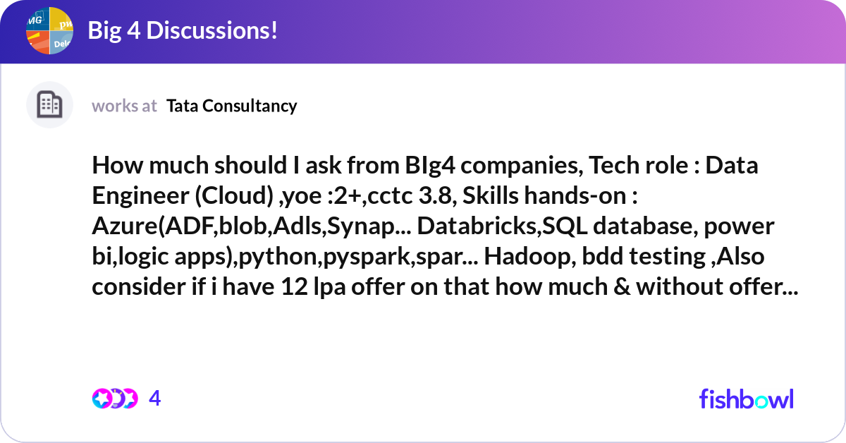 How much should I ask from BIg4 companies, Tech ro... | Fishbowl