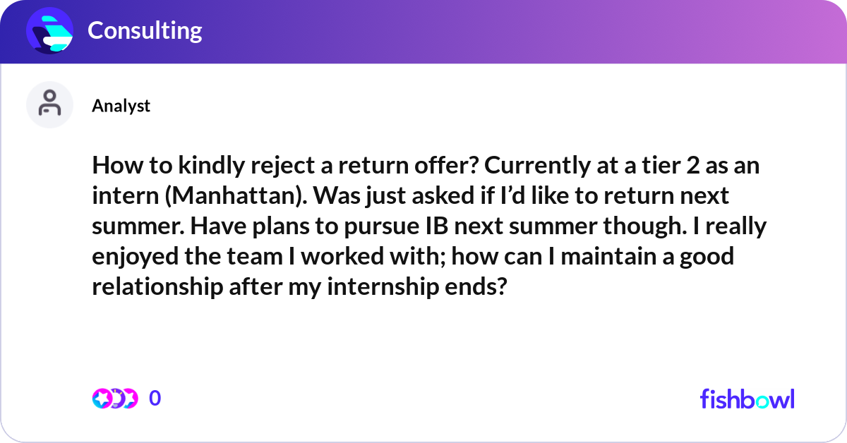 How to kindly reject a return offer? Currently at ... | Fishbowl