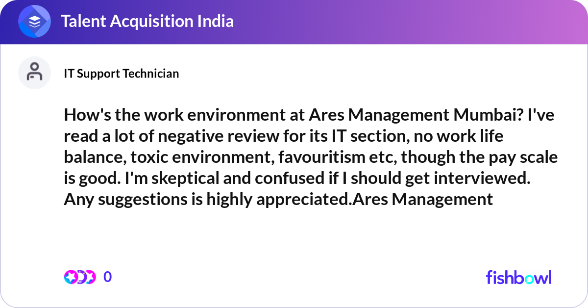 How's the work environment at Ares Management Mumb... | Fishbowl