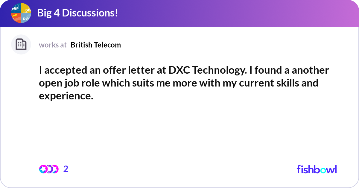 I accepted an offer letter at DXC Technology. I fo... | Fishbowl