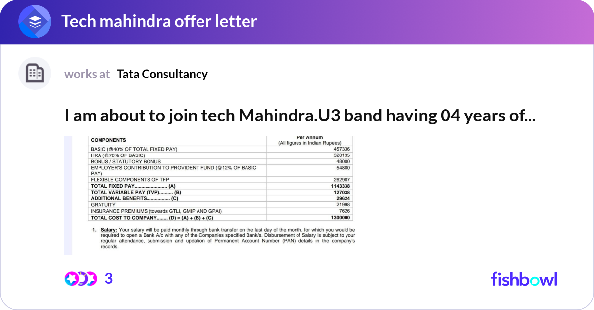 I am about to join tech Mahindra.U3 band having 04... | Fishbowl