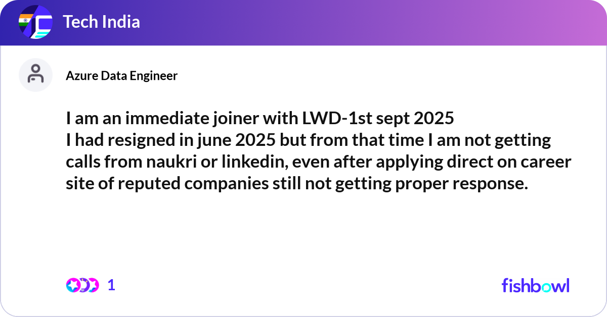 I am an immediate joiner with LWD-1st sept 2025 I ... | Fishbowl