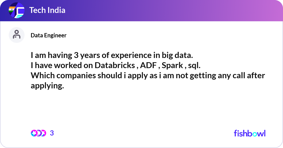 I am having 3 years of experience in big data. I h... | Fishbowl
