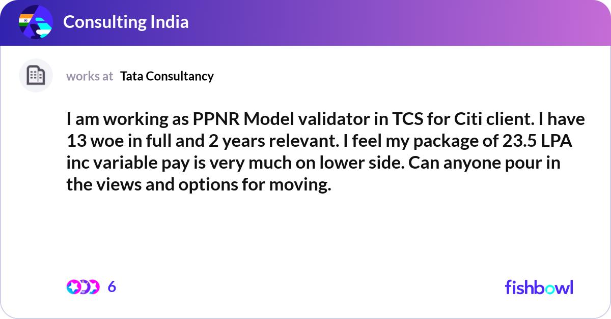 I am working as PPNR Model validator in TCS for Ci... | Fishbowl