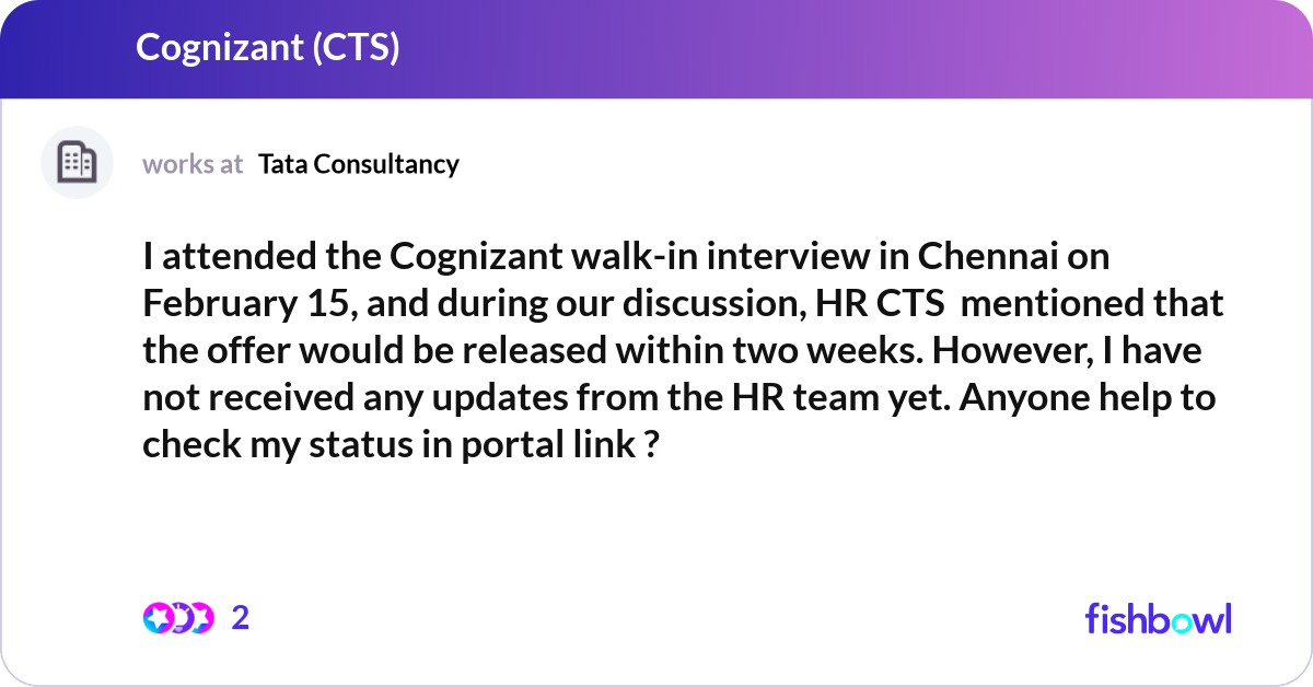 I attended the Cognizant walk-in interview in Chen... | Fishbowl