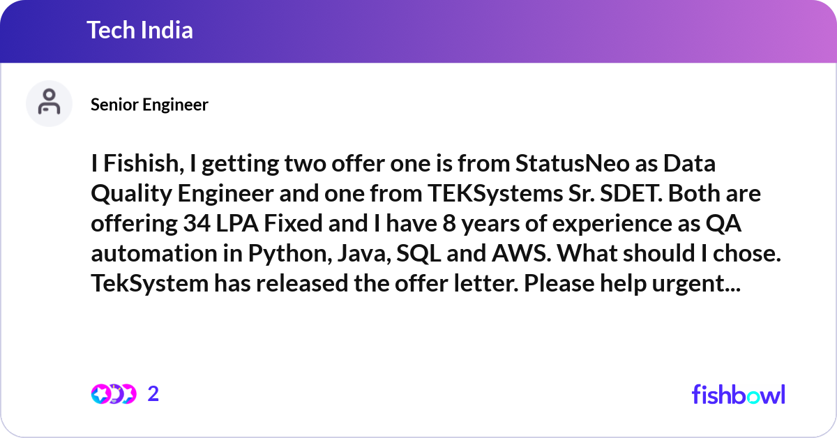 I Fishish, I getting two offer one is from StatusN... | Fishbowl