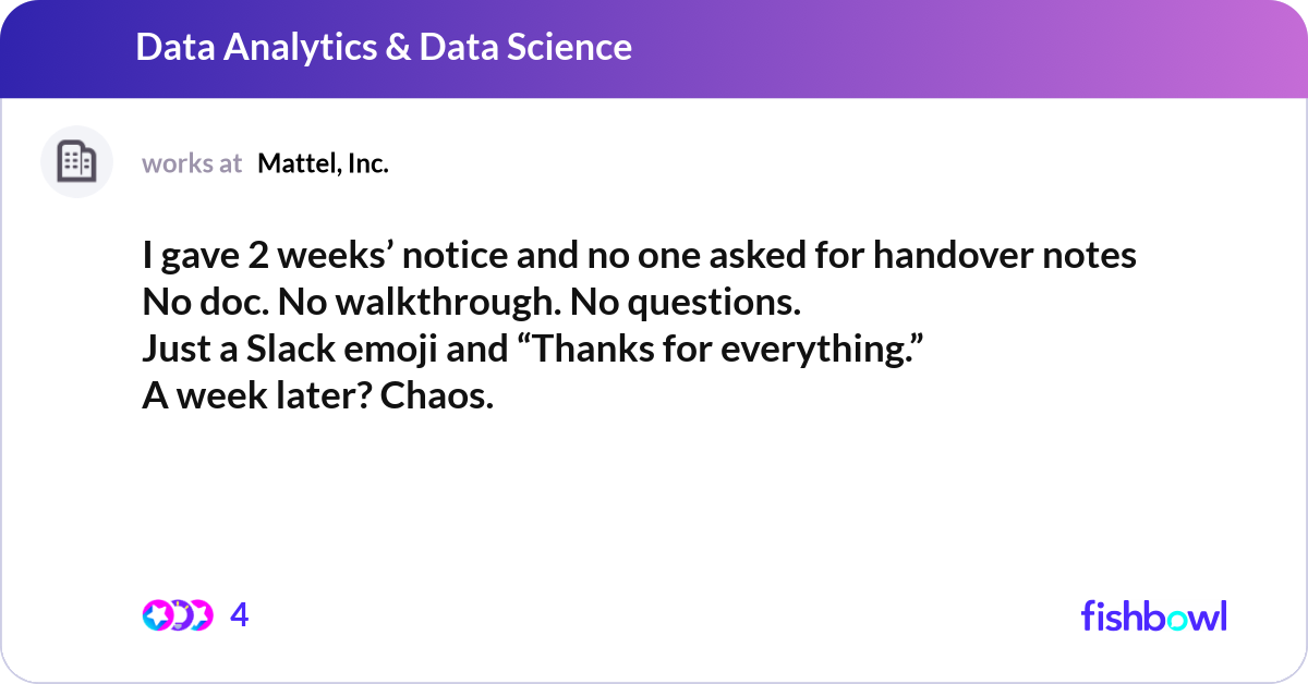 I gave 2 weeks’ notice and no one asked for handov... | Fishbowl
