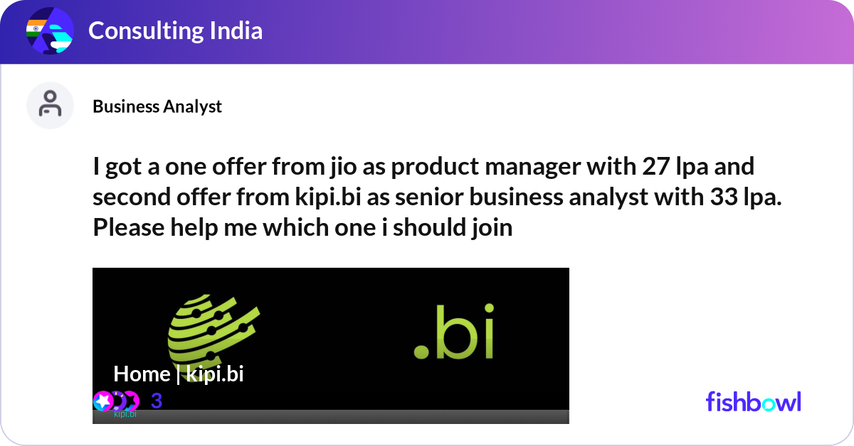 I got a one offer from jio as product manager with... | Fishbowl