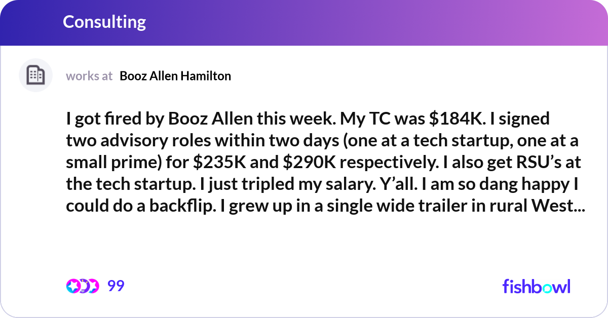 I got fired by Booz Allen this week. My TC was $18... | Fishbowl