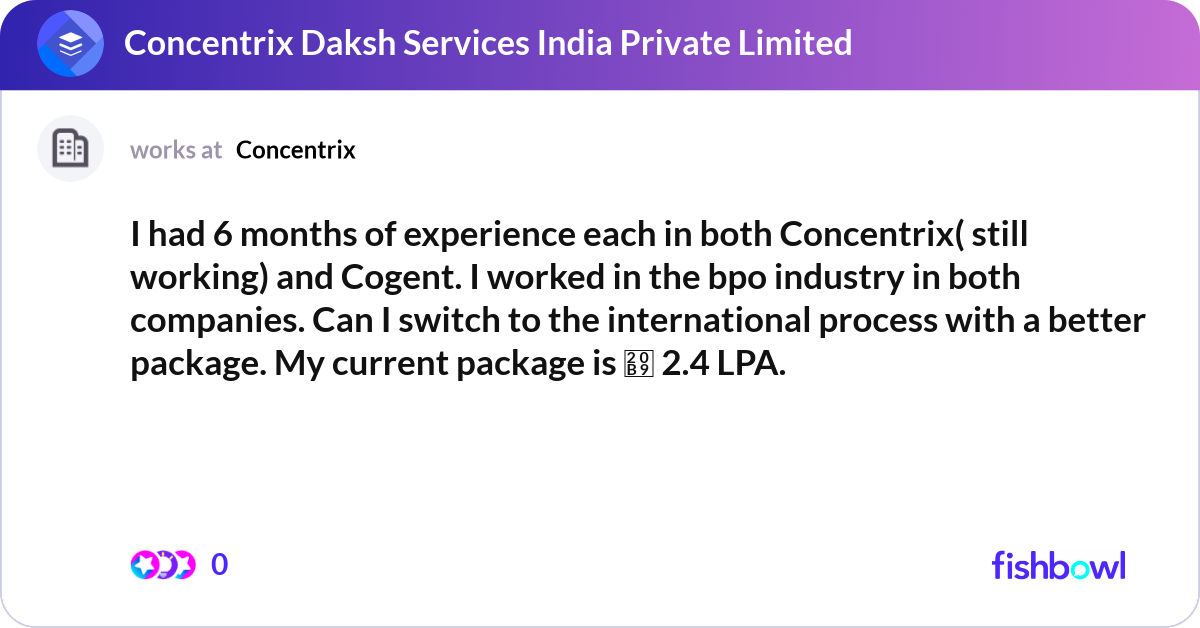 I had 6 months of experience each in both Concentr... | Fishbowl