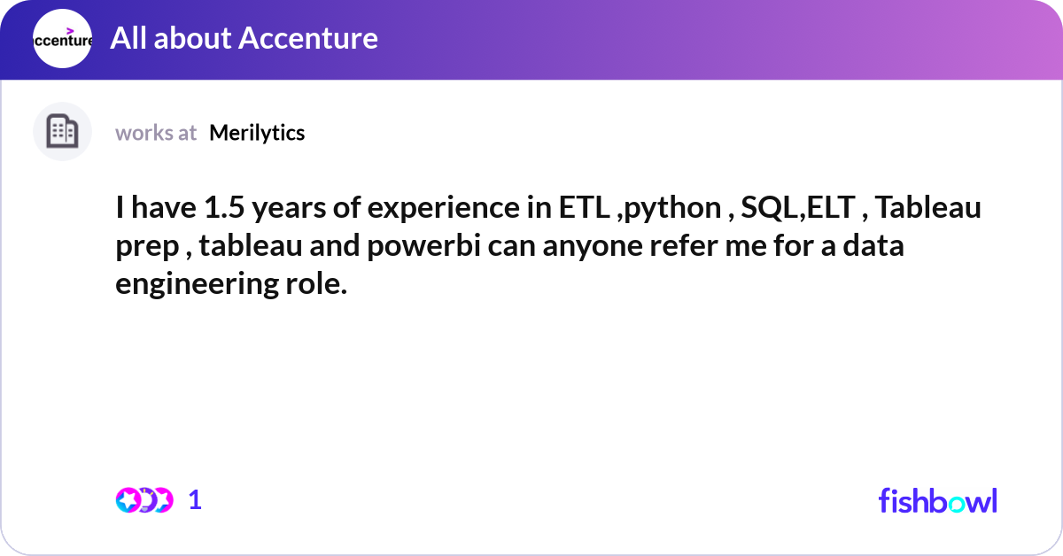 I have 1.5 years of experience in ETL ,python , SQ... | Fishbowl