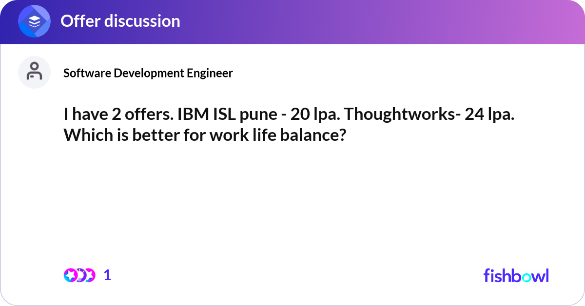 I have 2 offers. IBM ISL pune - 20 lpa. Thoughtwor... | Fishbowl