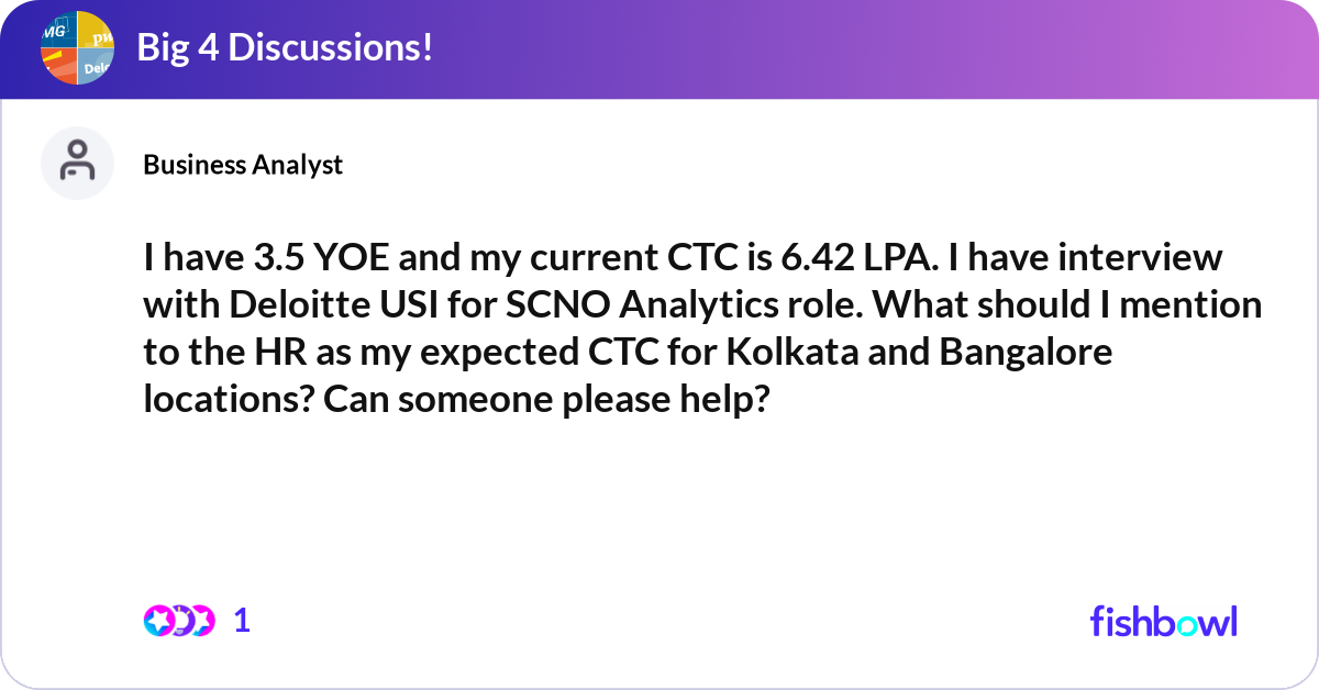 I have 3.5 YOE and my current CTC is 6.42 LPA. I h... | Fishbowl