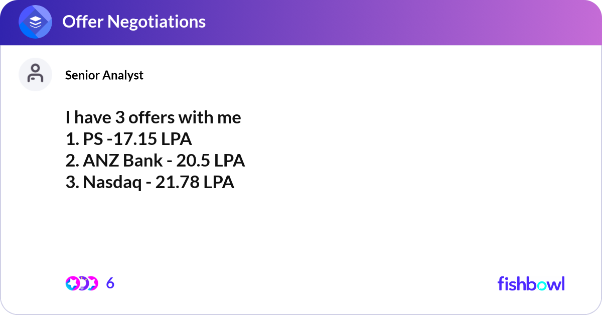 I have 3 offers with me 1. PS -17.15 LPA 2. ANZ B... | Fishbowl