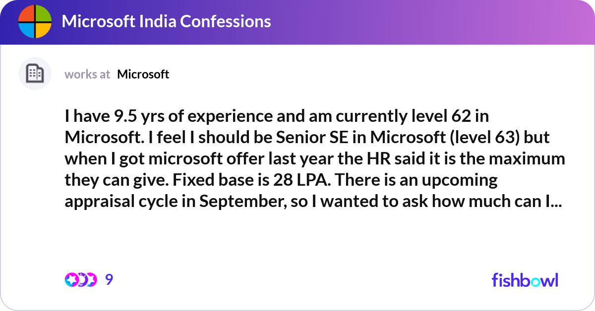 I have 9.5 yrs of experience and am currently leve... | Fishbowl