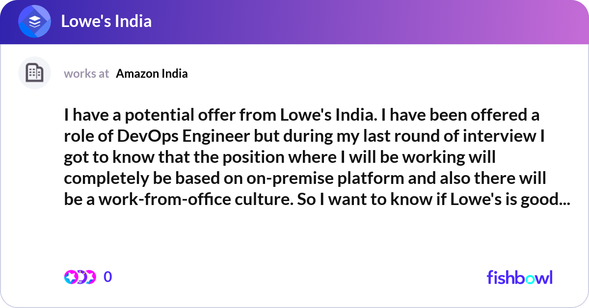 I have a potential offer from Lowe's India. I have... | Fishbowl