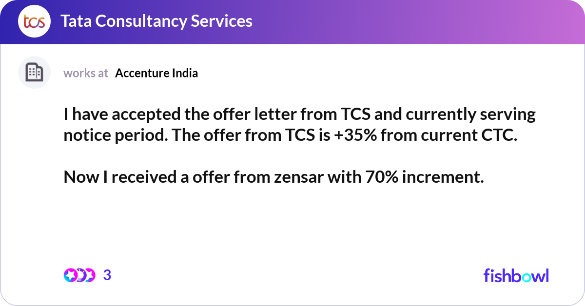 I have accepted the offer letter from TCS and curr... | Fishbowl