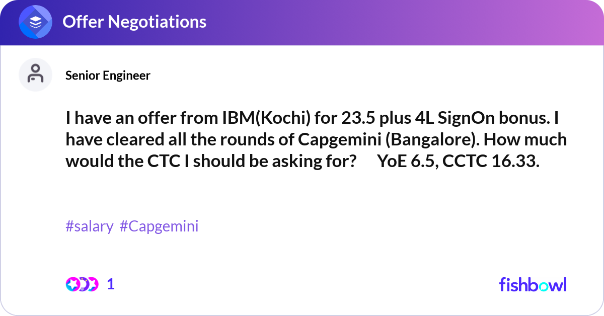 I have an offer from IBM(Kochi) for 23.5 plus 4L S... | Fishbowl
