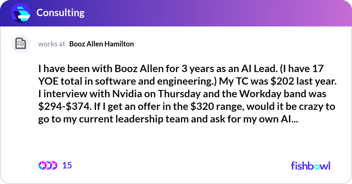 I have been with Booz Allen for 3 years as an AI L... | Fishbowl