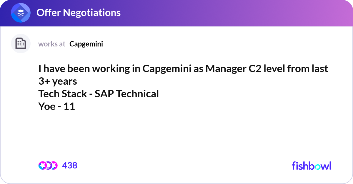 I have been working in Capgemini as Manager C2 lev... | Fishbowl