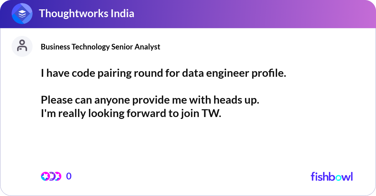 I have code pairing round for data engineer profil... | Fishbowl