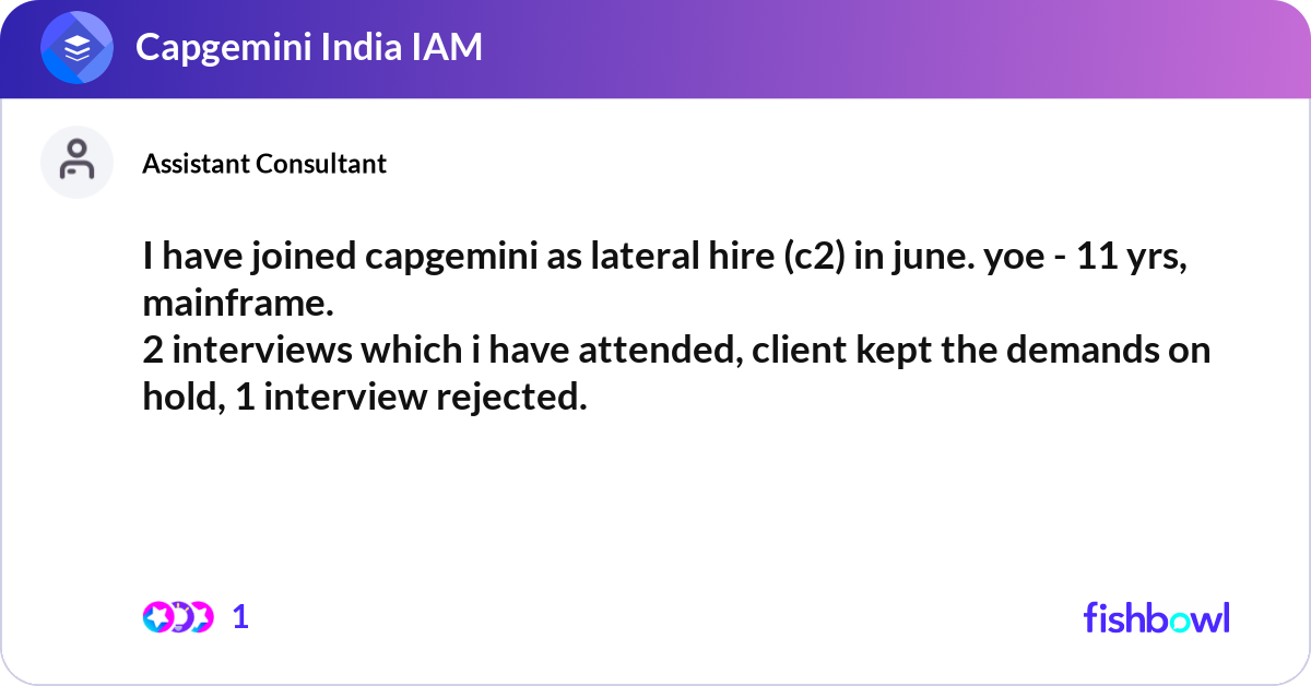I have joined capgemini as lateral hire (c2) in ju... | Fishbowl