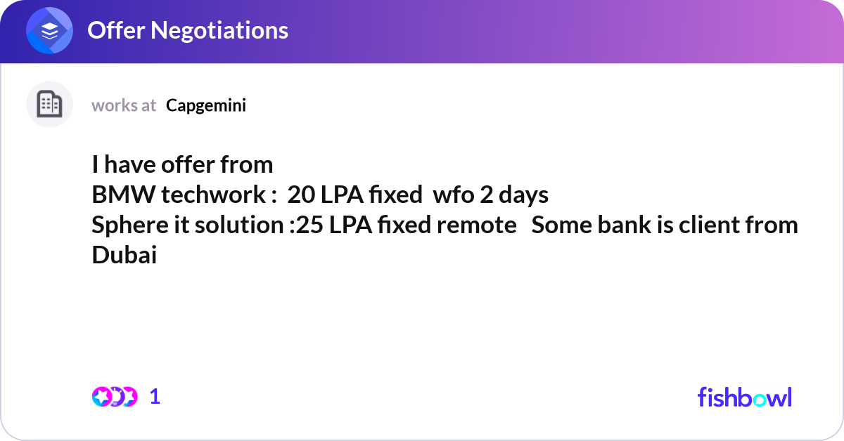 I have offer from BMW techwork : 20 LPA fixed ... | Fishbowl