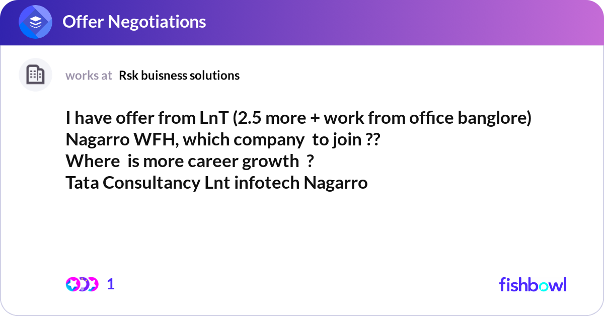 I have offer from LnT (2.5 more + work from office... | Fishbowl