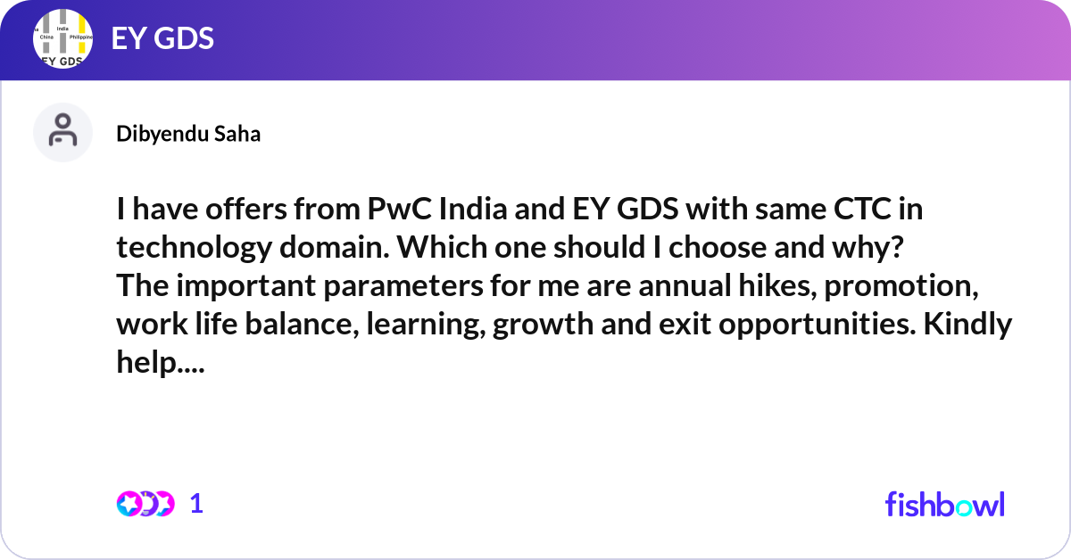I have offers from PwC India and EY GDS with same ... | Fishbowl